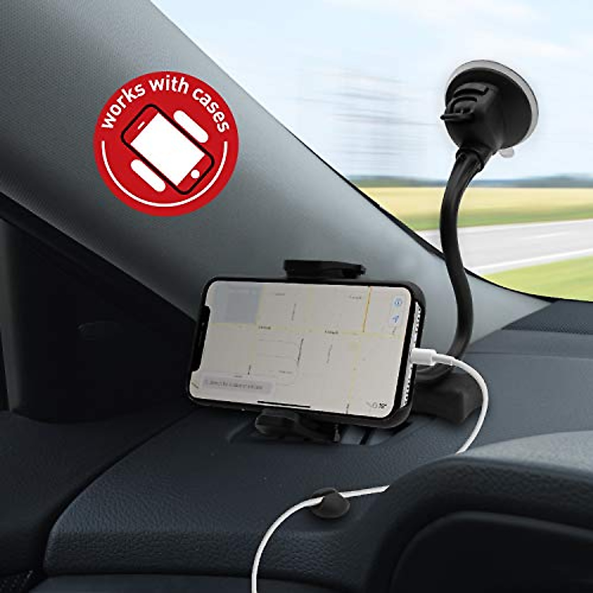 Macally Windshield Phone Mount for Car, Super Strong Suction Cup Phone Holder for Truck - Universal Gooseneck Window Phone Mount for Car, Compatible with iPhone, Samsung, Cell Phone, Android, Mobile