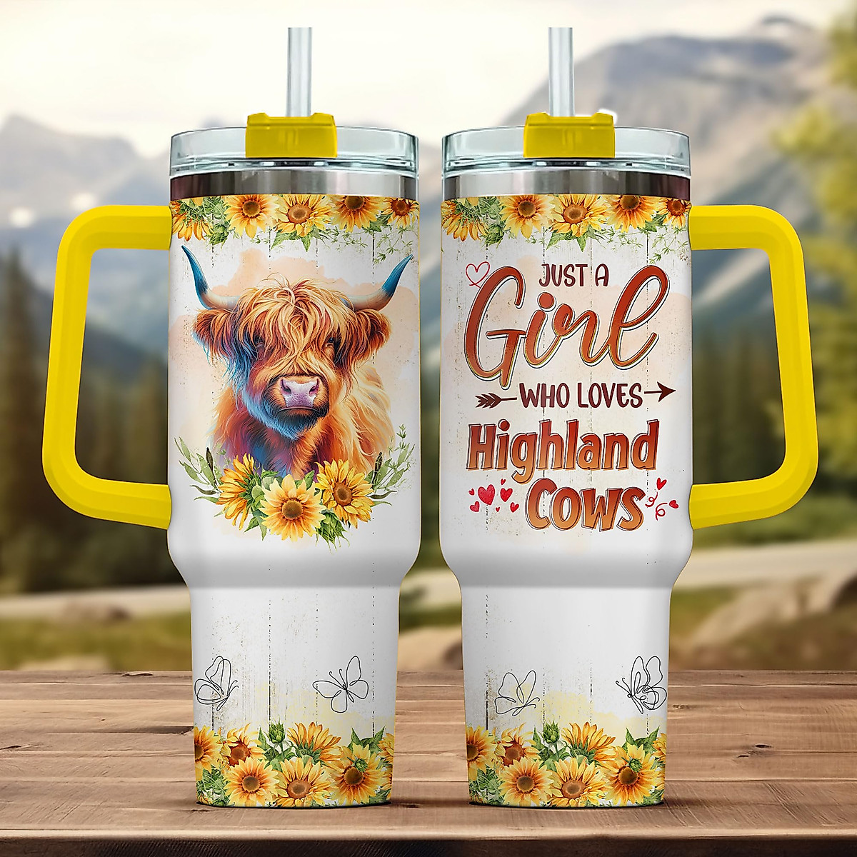 99OWL Highland Cow Sunflower Handle for Yellow Tumblers, 40 Oz Insulated Coffee Cup With Lid and Straw, Brown Women's Tumbler, Cow Gifts