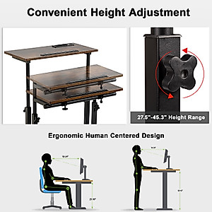 Hadulcet Mobile Standing Desk with Charging Station, Adjustable Standing Computer Desk, Standing Adjustable Laptop Cart with Wheels for Home Office Classroom Rustic Brown