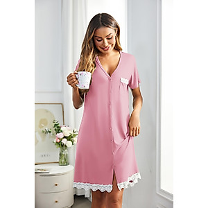 Ekouaer Ladies Night Gown Deep V Neck Short Sleeve Nightshirts Pj Dress Button Pajama Dress Pink