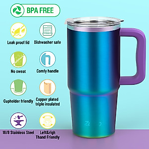 Zukro 24 oz Tumbler with Handle and Straw, Triple-wall Vacuum Insulated Coffee Travel Mug with 2 Lids For Hot/Cold Drinks, No Sweat Stainless Steel Cup for Home/Office, Dishwasher Safe