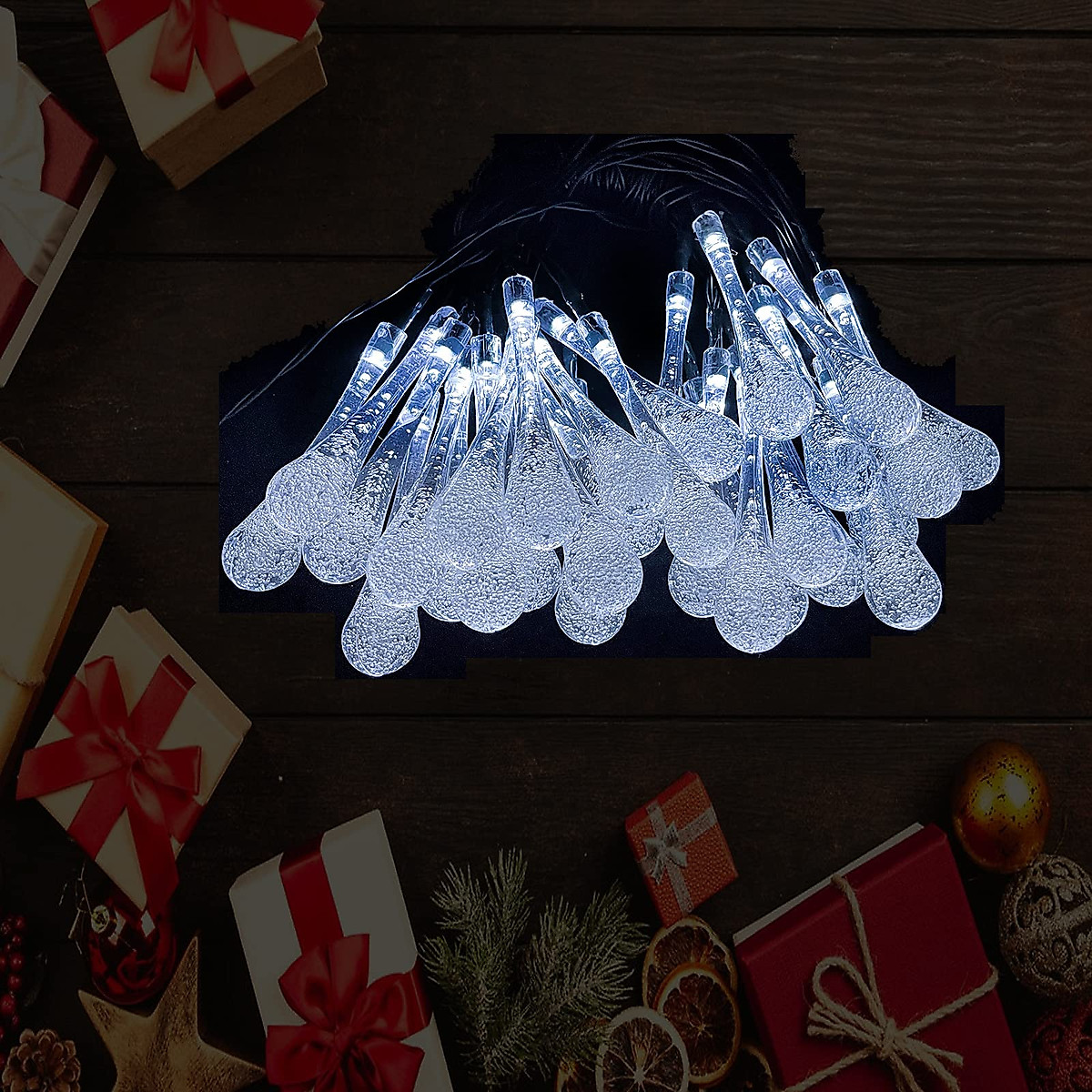 Outdoor Solar String Lights,30 LED Water Drop Solar Lights with 8 Modes,Waterproof Solar Powered Raindrop Lights for Garden Yard Porch Wedding Party Decor -Cold White
