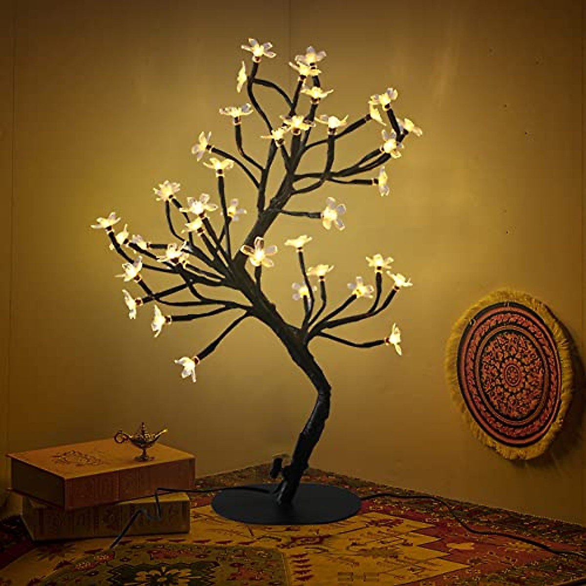 pete mici Cherry Blossom Tree Lights 17 inch 40LED Tabletop Bonsai Tree Lights USB Powered Cherry Blossom Flower Lamp Fairy Light Tree for Bedroom Home Decoration (Warm White)