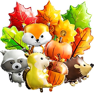 Xqumoi 30Pcs Fall Woodland Animals Foil Balloons Thanksgiving Party Decorations Supplies Forest Creatures Pumpkin Maple Leaves Mylar Helium Balloons for Baby Shower Birthday Autumn Harvest Decor