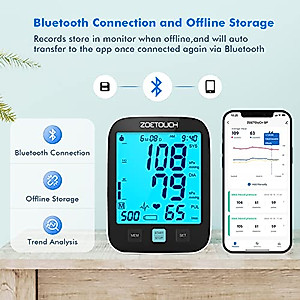 ZOETOUCH Bluetooth Blood Pressure Monitors for Home Use High Blood Pressure Machine, Smart Automatic Upper Arm BP Monitor Large Cuff, 500 Set Memory, Battery Included,LCD Backlit,Offline Storage