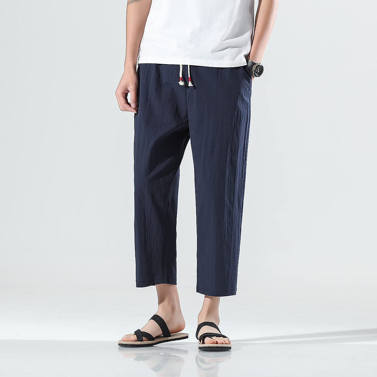 PRIJOUHE Mens Harem Pants Casual Lightweight Loose Fit Capri Pants Linen Beach Pants with Elastic Waistband