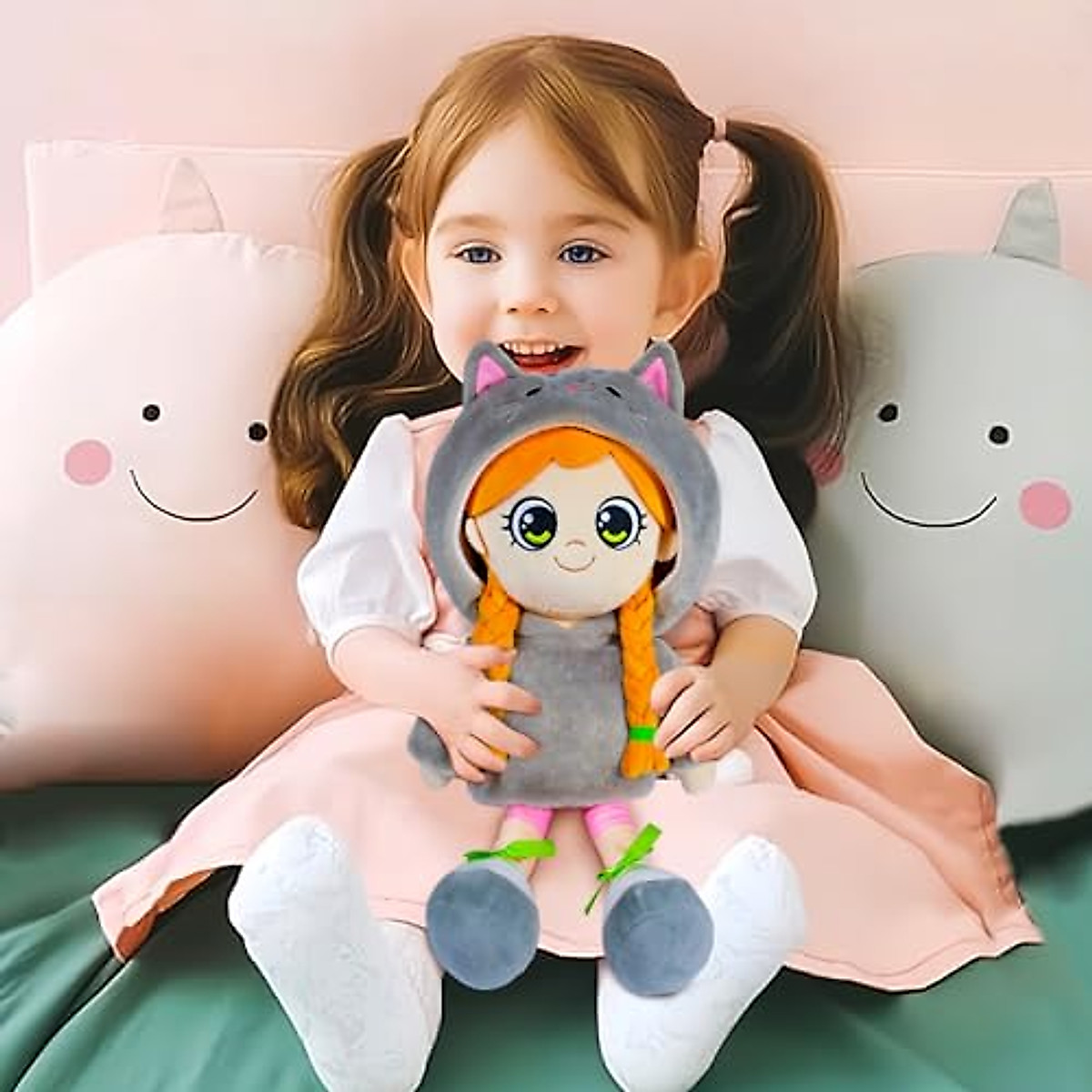 17" Soft Baby Doll Toys, My First Baby Doll with Grey Cute Kitten Character Hoodie Cloth, Soft Stuffed Rag Dolls for Toddler Kids Infants