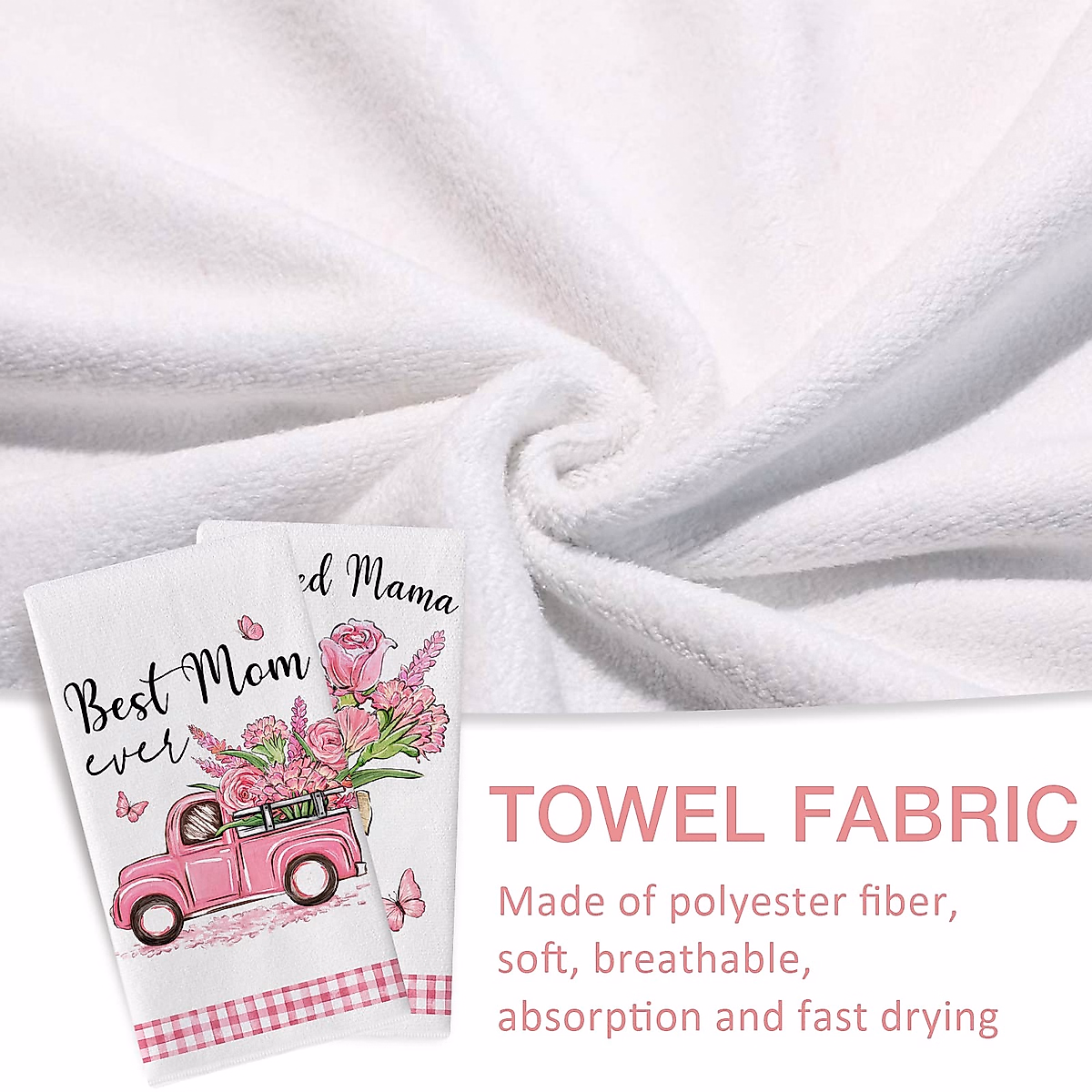 Seliem Mother's Day Truck Flower Kitchen Dish Towel Set of 2, Best Mom Ever Carnation Rose Bouquet Hand Towel Buffalo Plaid Drying Baking Cooking Cloth, Blessed Mama Holiday Kitchen Gift 18x26 Inches