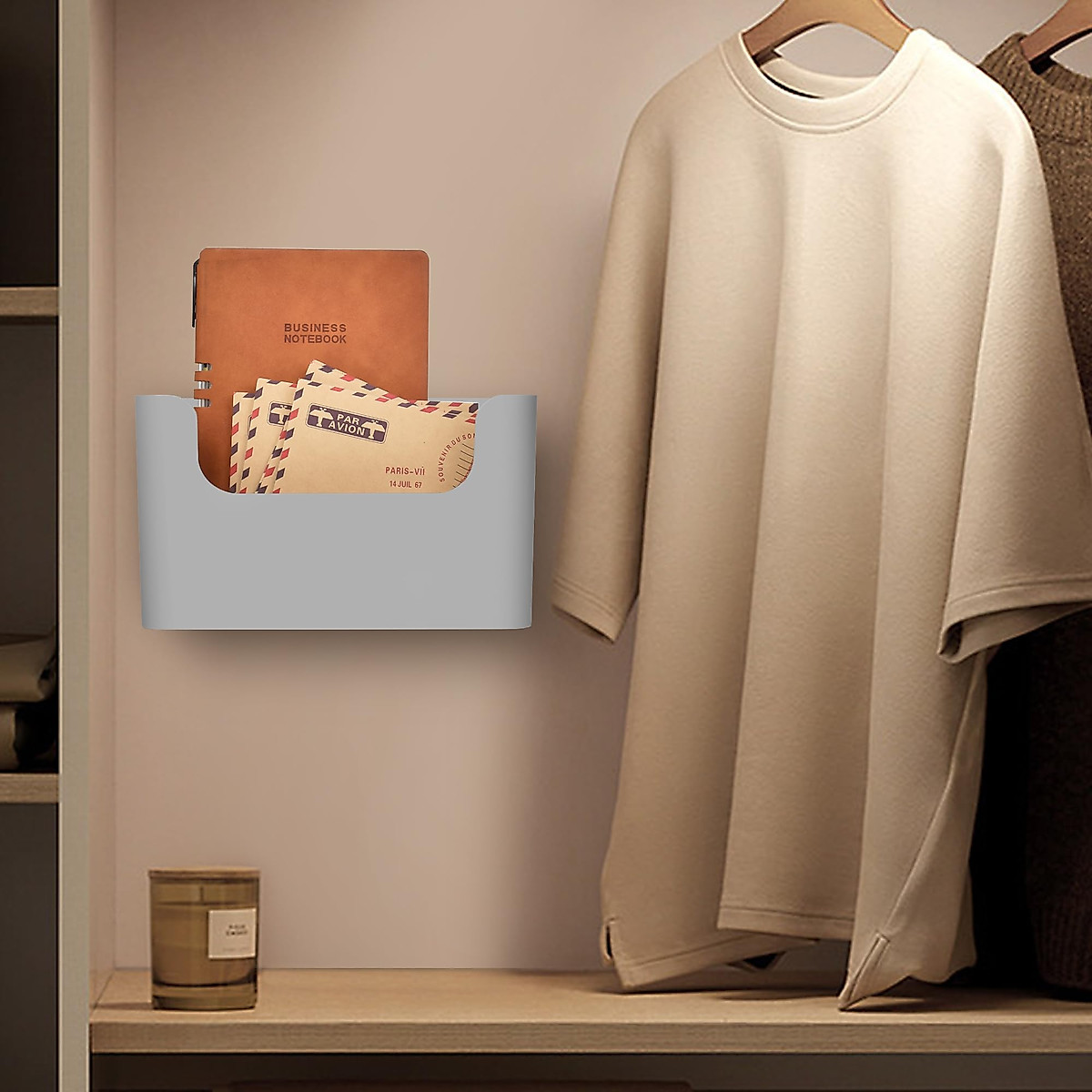 JOMOLA No Drilling File Holder Mail Organizer Wall Mount File Organizer Holder Office Wall Hanging Files Magazines Organizer Plastic Door Mount Wall Pocket Organizer with Adhesive Pad, Gray (1 Count)