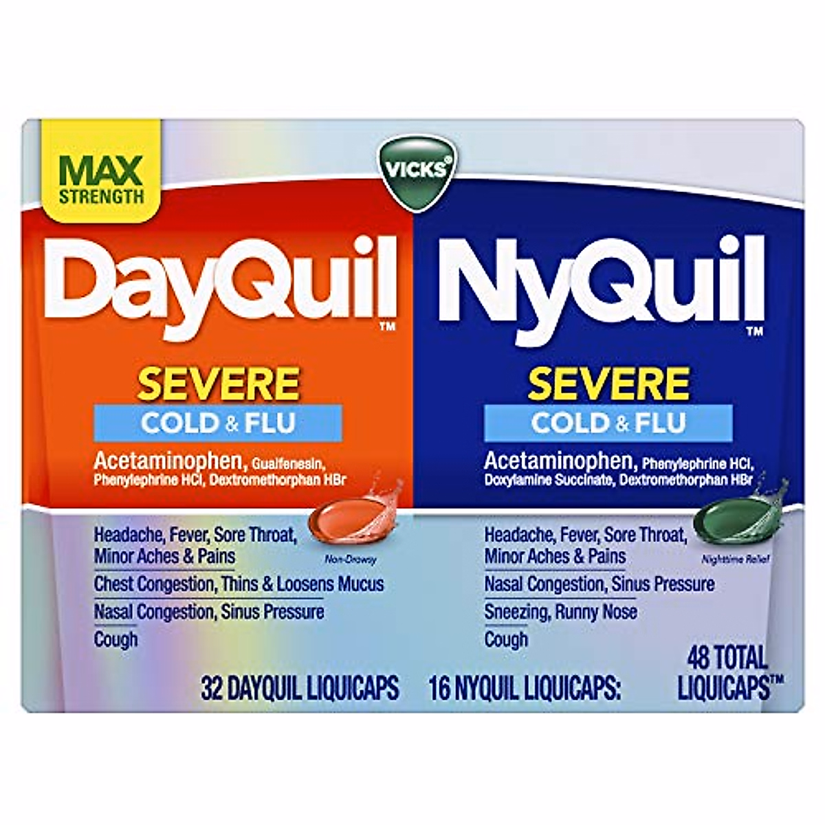 Vicks DayQuil & NyQuil SEVERE Co-Pack, Cold & Flu Medicine, Relief for Headache, Fever, Sore Throat, Minor Aches & Pains, Nasal Congestion, Sinus Pressure, Stuffy Nose, & Cough, 48ct
