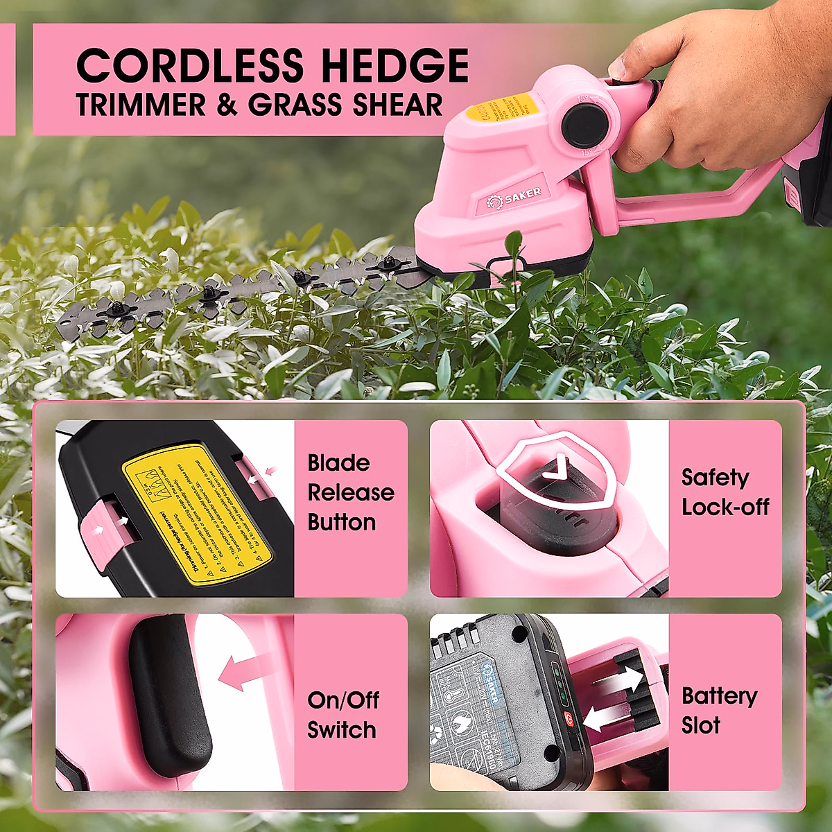 Saker Cordless Hedge Trimmer-20V Electric Shrub Trimmer Grass Shears Handheld Grass Cutter, Hedge Shear with 2 PCS Rechargeable Battery and Charger for Garden, Lawn(Pink)