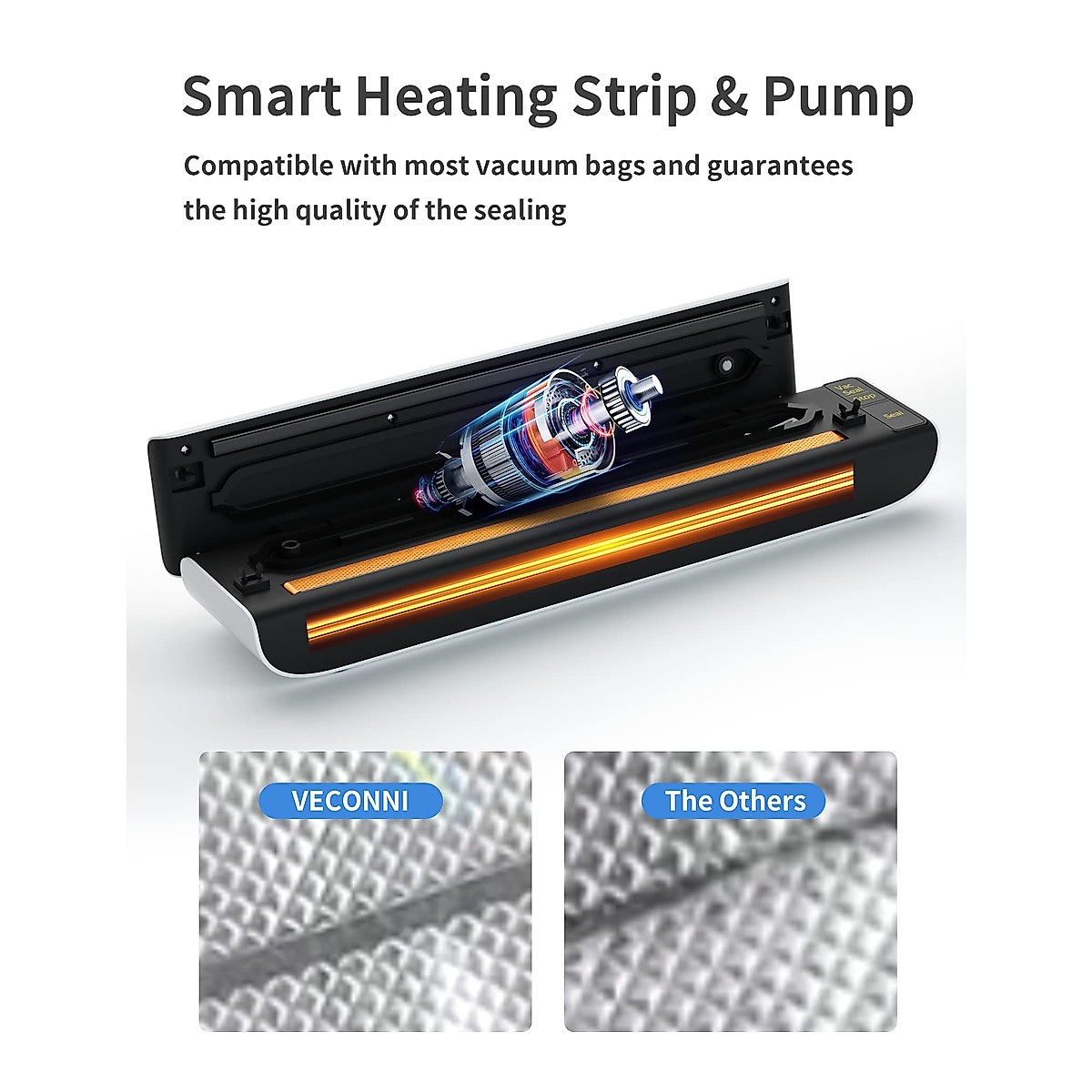 VECONNI Vacuum Sealer Machine, Automatic Vacuum Sealers for Food Storage, 12s Fast & Continuous Sealing, Smart Heating Strip & Pump, 10 Bags Included, 15.5x3.2x2.4 inches, VS20