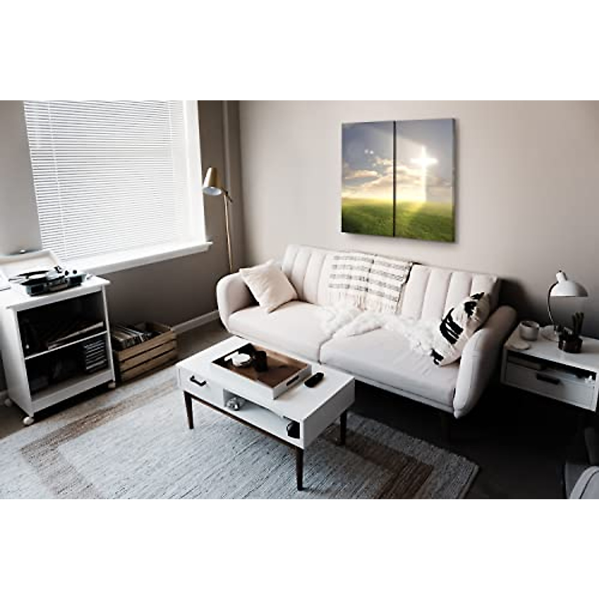 Christian Wall Art Cross Decor - Religious Cross / Light of God Canvas Art 2 Piece Set - Decorative Split Artwork Picture, Spiritual Christian Decor Print for Home, Living Room, Bedroom, Office & Gift