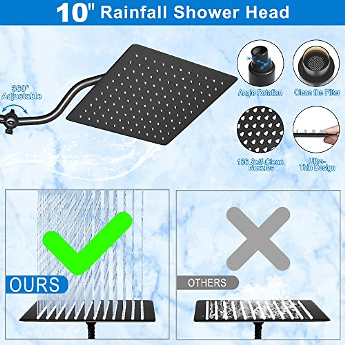 10" Rainfall Shower Head with Handheld Combo, Upgraded 12" L-Shaped Adjustable Extension Arm & 3-Way Diverter, Shower Head Jet Mode Headheld Shower with 5-Spray Mode