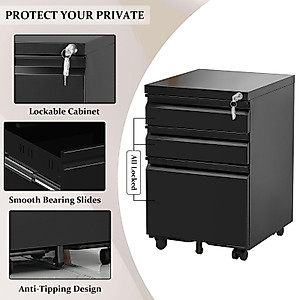 GOOGIC 3-Drawer Mobile File Cabinets Rolling Metal Filing Cabinet for Legal & Letter File Anti-tilt Design with Lock Under Desk Office Drawers Fully Assembled Except Casters Black