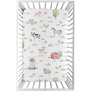 Sweet Jojo Designs Farm Animals Boy or Girl Fitted Mini Crib Sheet Baby Nursery for Portable Crib or Pack and Play - Watercolor Farmhouse Horse Cow Sheep Pig