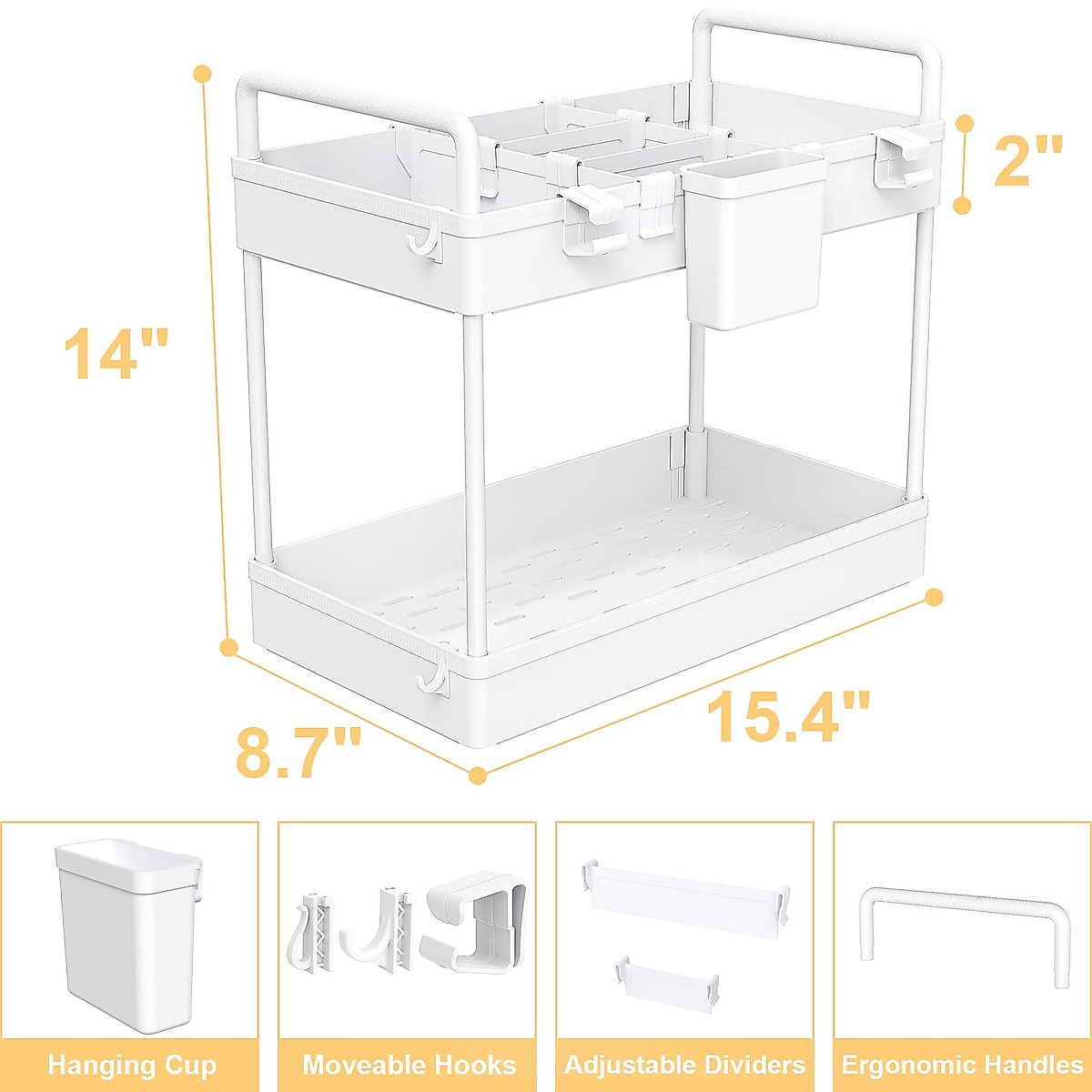 Ronlap 2 Pack Under Sink Organizers and Storage, 2 Tier Bathroom Organizer Under Sink with Handle Hanging Cup Hooks Dividers, Kitchen Organization and Storage Under Sink Cabinet Counter Shelf, White