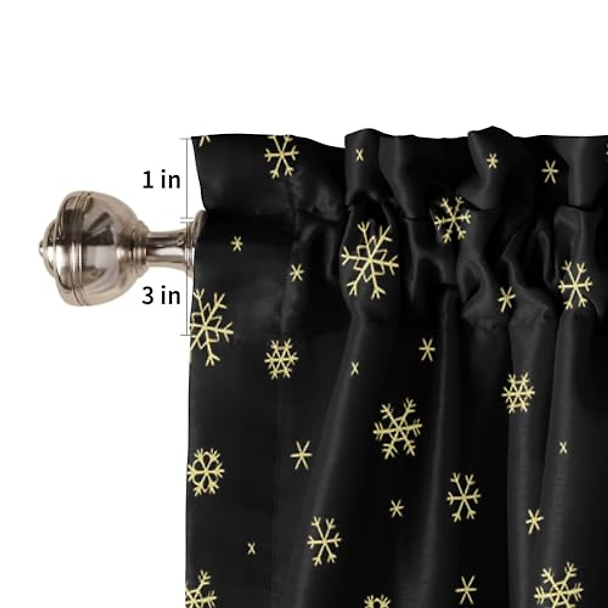 Gold Snowflakes Kitchen Curtains 63 Inch Length, Rod Pocket Light Filtering Window Curtains for Living Room Bedroom Drapes Cafe Curtains Window Treatment Seasonal Winter Christmas Black Backdrop