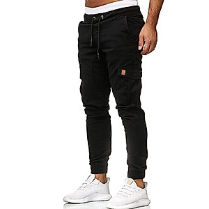 Rela Bota Mens Cargo Pants Jogger Casual Fashion Work Sports Drawstring Sweatpants Outdoor Hiking Trousers with Pockets Black M