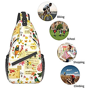 GTEVUTS Vintage Flowers Birds Newspaper Crossbody Bags for Women,Trendy Sling Backpack Cross Body Chest Bag Daypack, Medium Small