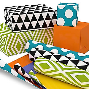 Hallmark All Occasion Reversible Wrapping Paper (3 Rolls; 75 sq. ft. ttl) Black and White Triangles, Dots Blue, Lime Green Diamonds, Solid Yellow, Orange, Blue for Birthdays, Halloween, Father's Day