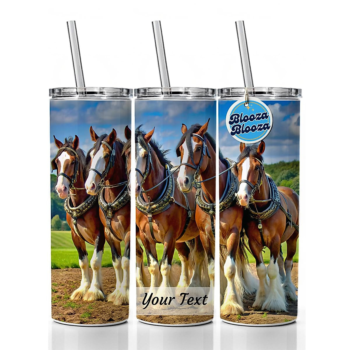 Personalized Custom Name Text Clydesdale Horses Skinny Tumbler 20oz with Straw Insulated Water Bottle Gift - 1 Line Horizontal