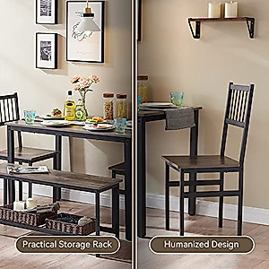 Dining Table Set for 4,Kitchen Table with 2 Chairs & 1 Bench,Wood Breakfast Table Set with Storage Racks for Small Space,Apartment,Dining Room, Home Office