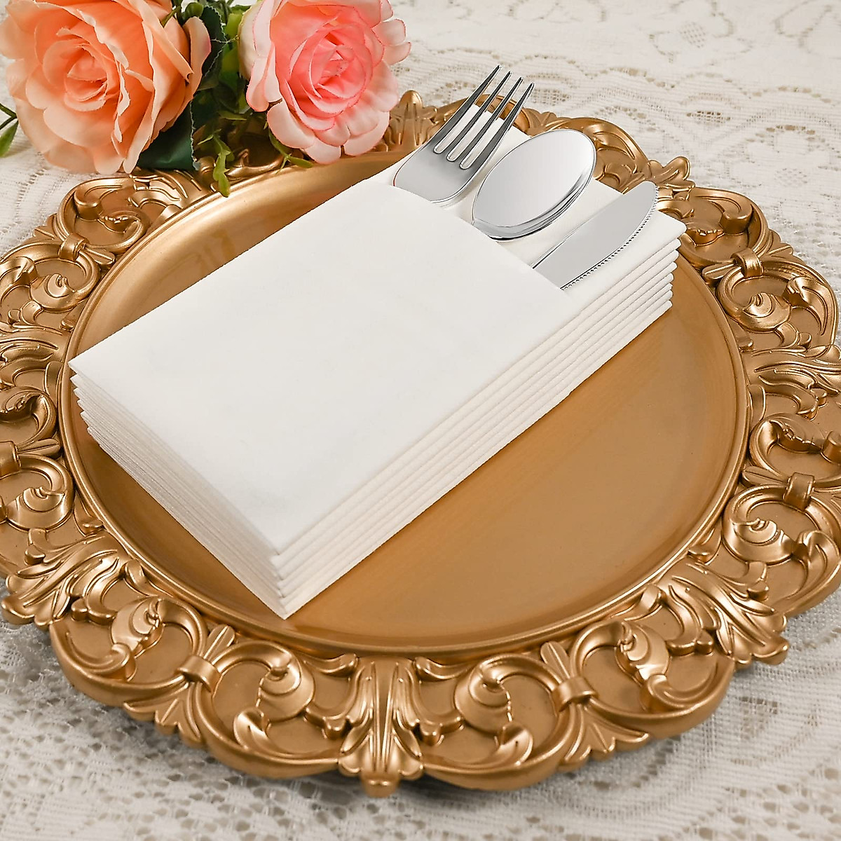 White Dinner Napkins Disposable - 100Pack Linen-Feel Paper Napkins with Built-in Flatware Pocket, Prefolded Cloth Like Paper Napkins Bulk For Dinner, Wedding, Party or Everyday Use