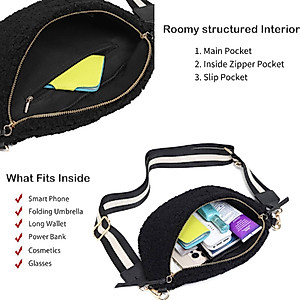 ER.Roulour Small Crossbody Sling Bag for Women Winter Plush Waist Bag Fleece Belt Bag Fanny Pack Purse with Adjustable Wide Strap (BLACK)