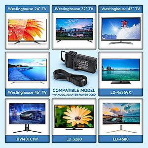 19V Power Cord for Westinghouse TV 24 32 40 42 46 inch, Charger for LD-2480, LD-3255VX, LD-4255VX, LD-4680, LD-4695, UW40TA2W, UW32SC1W, UW32S3PW, UW40TC1W Monitor Power Supply