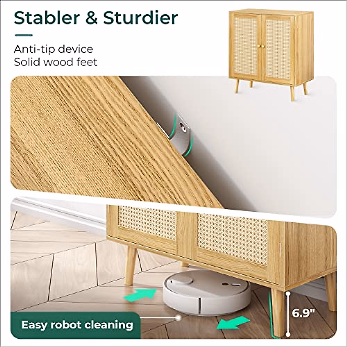 Huuger Buffet Cabinet with Storage, Storage Cabinet with PE Rattan Decor Doors, Accent Cabinet with Solid Wood Feet, Sideboard Cabinet for Hallway, Entry, Living Room, Natural