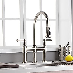 ARRISEA Heritage Bridge Kitchen Faucet with Pull-Down Sprayhead 2 Handle 8 Inch Faucet for Kitchen Sinks 3 Hole Install Kitchen Sink Faucet Fingerprint Resistant Spot Free Brushed Nickel