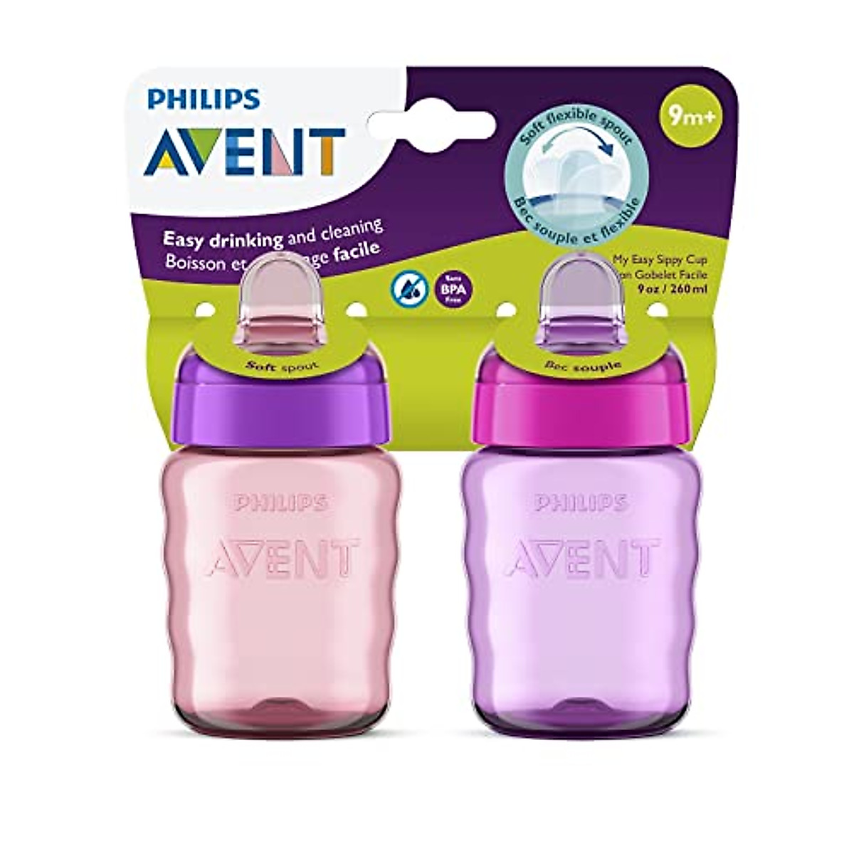 Philips Avent Sippy Cup Bundle with Natural Trainer Cup with Natural Response Nipple, 5 Ounce, 1 Pack + My Easy Sippy Cup, 9 Ounce, 2 Pack, Pink/Purple