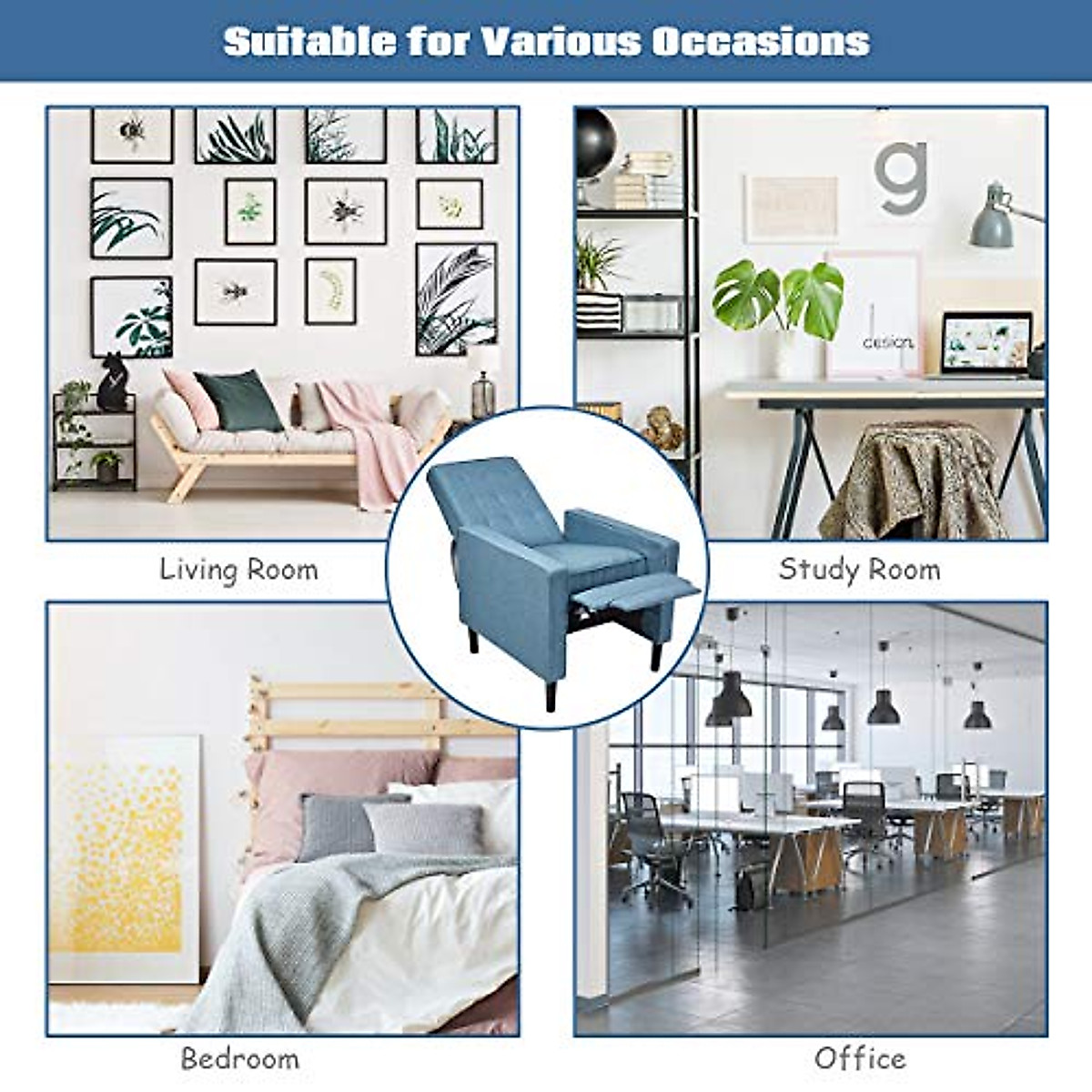 Giantex Push Back Recliner Chair, Modern Fabric Recliner w/Button-Tufted Back, Accent Arm Chair for Living Room, Bedroom, Home Office (Blue)