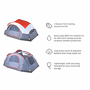 Outbound 8 Person 3 Season Lightweight Easy Set Up Dome Camping Tent with Room Divider, Heavy Duty Rainfly, Tent Stakes, and Carrying Bag, Red/Gray