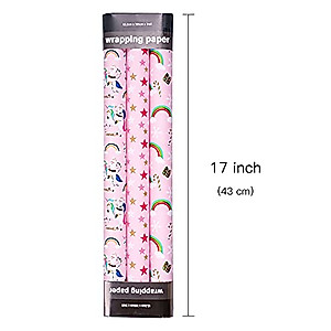 LeZakaa Christmas Wrapping Paper Mini Roll - Santa Claus and Unicorn/Rainbow/Stars in Pink for Gift Wrap, Arts Crafts - 17 x 120 inches - 3 Rolls (42.5 sq.ft.ttl.)