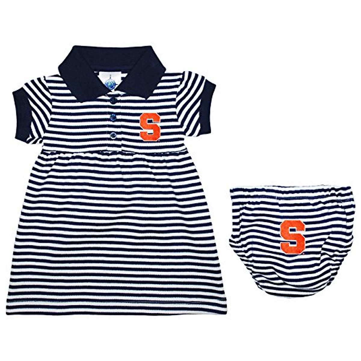 College Baby Striped Game Day Polo Dress with Bloomer - Syracuse Orange Block S Logo - Navy/White - 12 Months