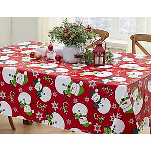 Newbridge Red Swirling Snowman Christmas Vinyl Tablecloth with Flannel Backing, Candy Cane and Snowflakes Xmas Easy Care Vinyl Winter Holiday Tablecloth, 60” x 102” Oblong/Rectangle