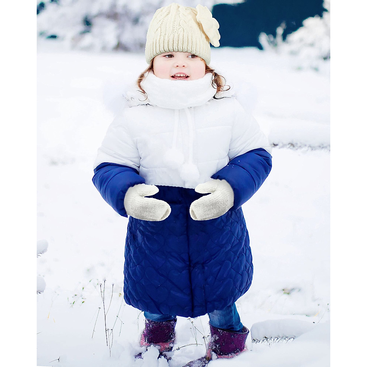 SATINIOR 6 Pieces Baby Winter Hats Infant Winter Warm Knitted Hat Gloves Set Toddler Beanie Mitten Gloves Set Newborn Baby Classic Beanie Warm Knitted Hats with Bow, Gray, White and Pink