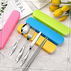 NOVWANG 4 Sets Travel Utensils with Case, Stainless Steel Cutlery Reusable utensils set with case Portable Silverware Lunch Box for Camping and Office