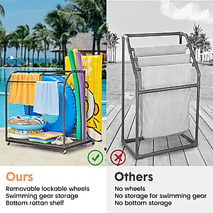 GAOMON Pool Towel Rack Outdoor with Rattan Base,5 Bar Free Standing Poolside Beach Towel,Rattan Weaving Outdoor Towel Rack,Storage Organizer with Compartment for Floats, Pool Noodles, Swimming Rings