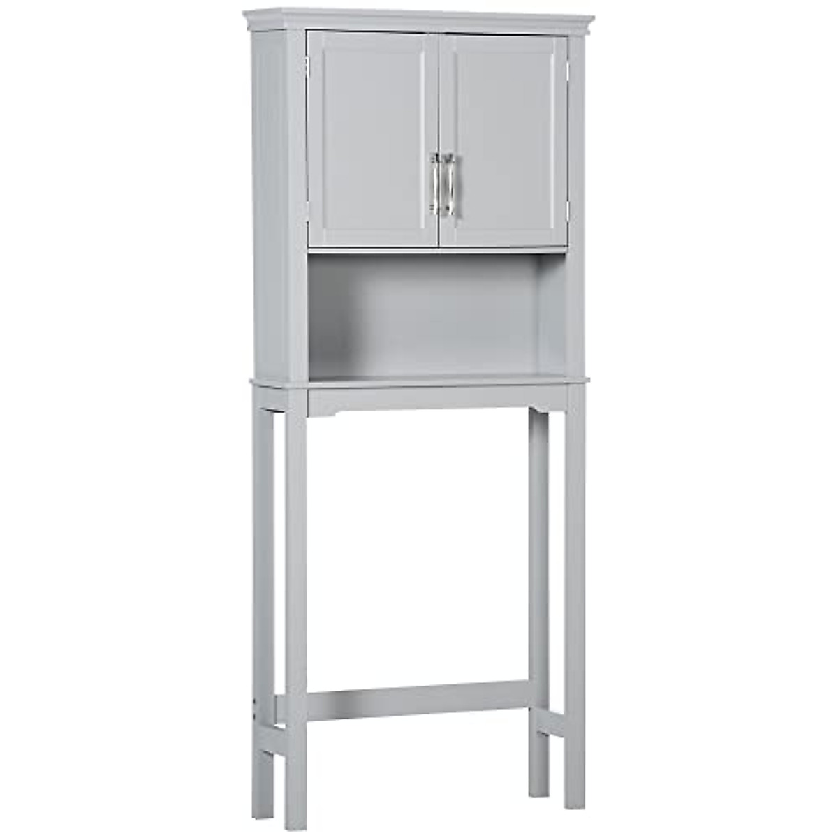 kleankin Modern Over The Toilet Storage Cabinet, Double Door Bathroom Organizer with Inner Adjustable Shelf and Open Shelf, Grey