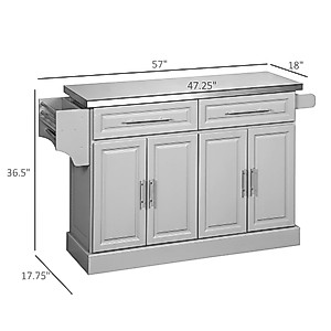 HOMCOM Rolling Island with Wheels for Kitchen, Portable Kitchen Island with Stainless Steel Top, Adjustable Shelves, 2 Drawers, Spice, Knife and Towel Rack, Gray