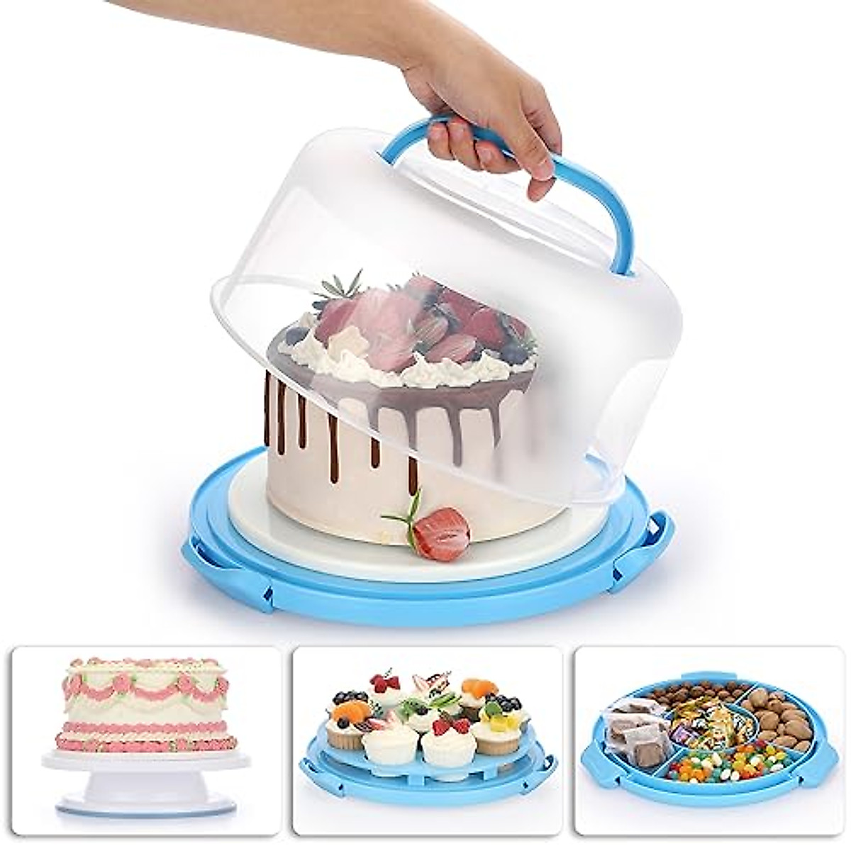 BSTKEY Portable Cake Carrier with Lid and Handle, Cake Turntable + Cupcake Storage Tray for Transport, 10" Round Cake Container Holder with Two Sided Base for Pies Nuts Fruit Cookies, Blue