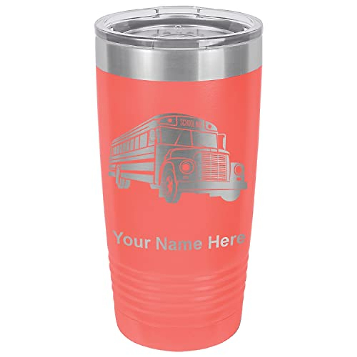 LaserGram 20oz Vacuum Insulated Tumbler Mug, School Bus, Personalized Engraving Included (Coral)