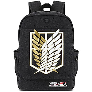 Roffatide Anime Attack on Titan Wings of Freedom Backpack for Men Printed Schoolbag Canvas Backpack Daypack with Headphone Hole Black