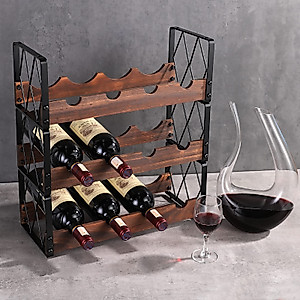 RedCall Wine Rack Freestanding,3 Tier Stackable Wine Bottle Holder Organizer,12 Bottles Wine Storage Shelf,Liquor Rack for Countertop,Solid Wood & Iron Rustic Style Liquor Cabinet