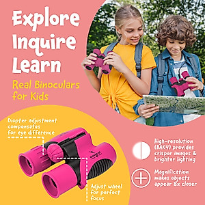 Think Peak - Binoculars for Kids Ages 4-8 - Outdoor Sports - Educational Adventure - 8x21 Compact - Nature Exploration Bird Watching - Pink