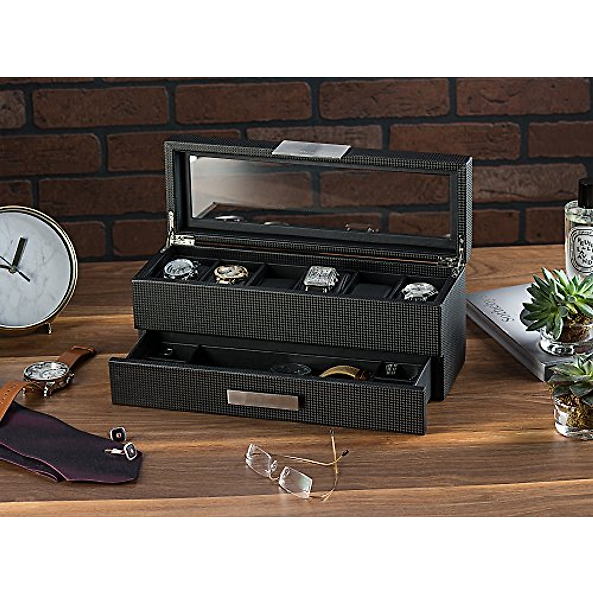 Glenor Co Watch Box with Valet Drawer for Men - 6 Slot Luxury Watch Case Display Organizer, Carbon Fiber Design -Metal Buckle for Mens Jewelry Watches, Men's Storage Holder Boxes has a Large Glass Top