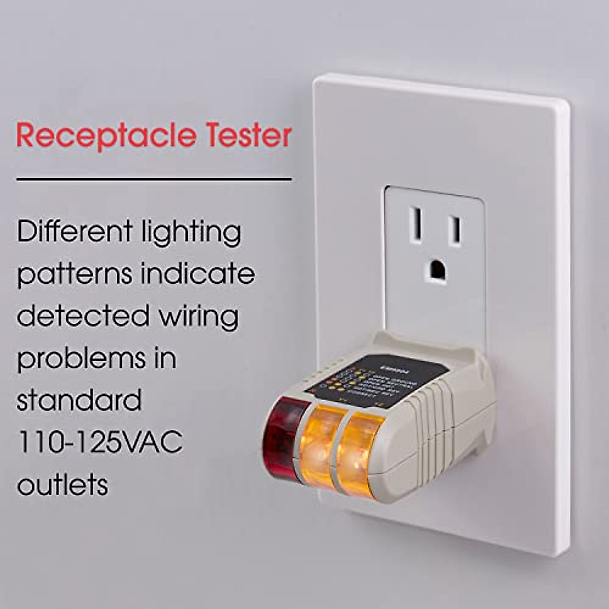Power Gear Receptacle Tester, Standard 3-Wire, Circuit Analyzer, 110-125 VAC, 6 Visual LED Tests, ETL Listed – 50542 Gray